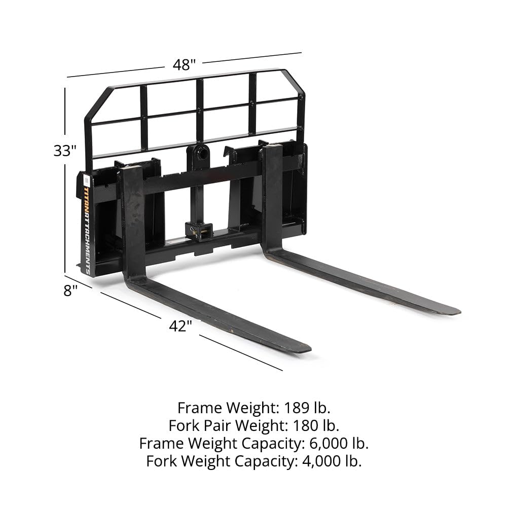 Titan Attachments HD Skid Steer Pallet Fork Attachment, 42" Fork Blades, Rate 5,500 LB, Quick Tach Tractor Loader