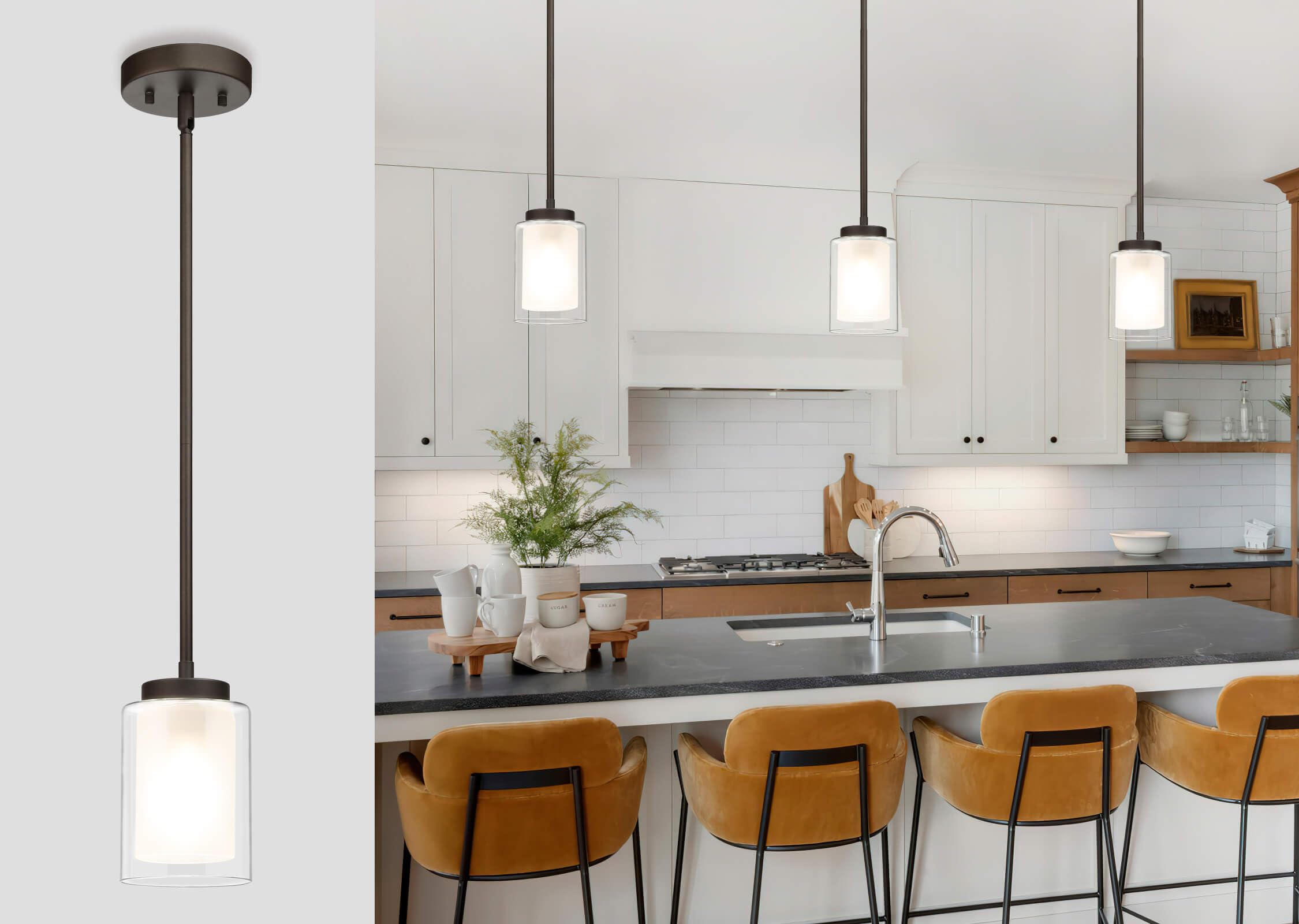 XiNBEi Lighting Pendant Lighting Modern 1 Light Mini Pendant Light with Dual Glass in Dark Bronze, Adjustable Hanging Ceiling Light for Kitchen & Living Room XB-P1195-DB