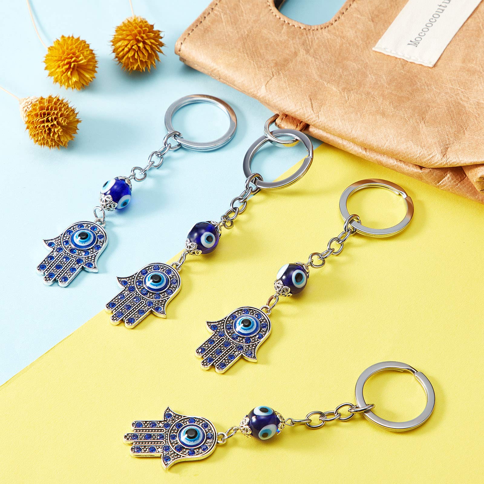 Yaomiao 5 Pieces Hamsa Hand Keychain Evil Eye Silver Keychain Fatima Protection Charms Blue Good Luck Key Holder for Attaching to Keys and Bags