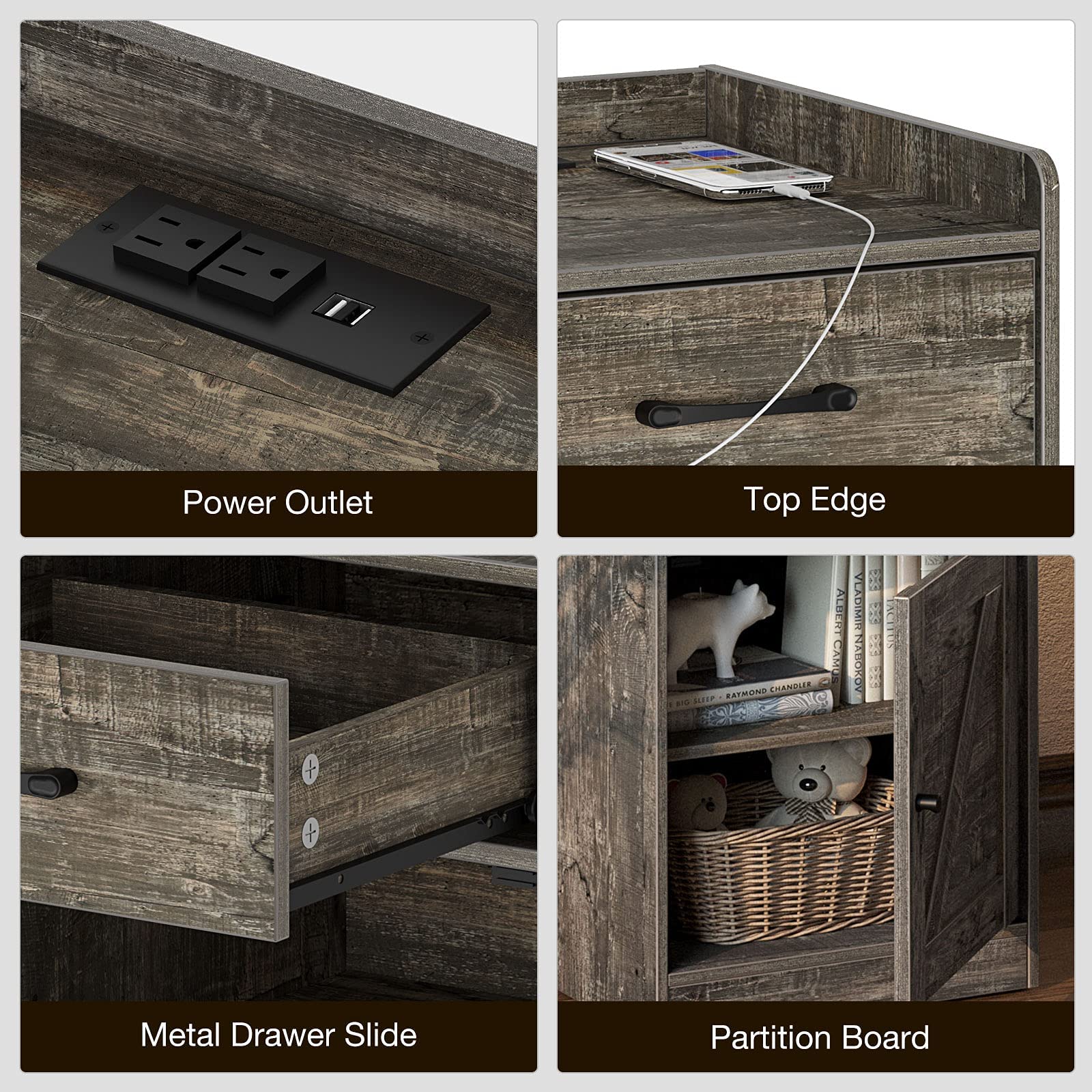 Rolanstar Nightstand with Charging Station, Farmhouse End Side Table with Storage Drawer and Cabinet for Bedroom, Grey