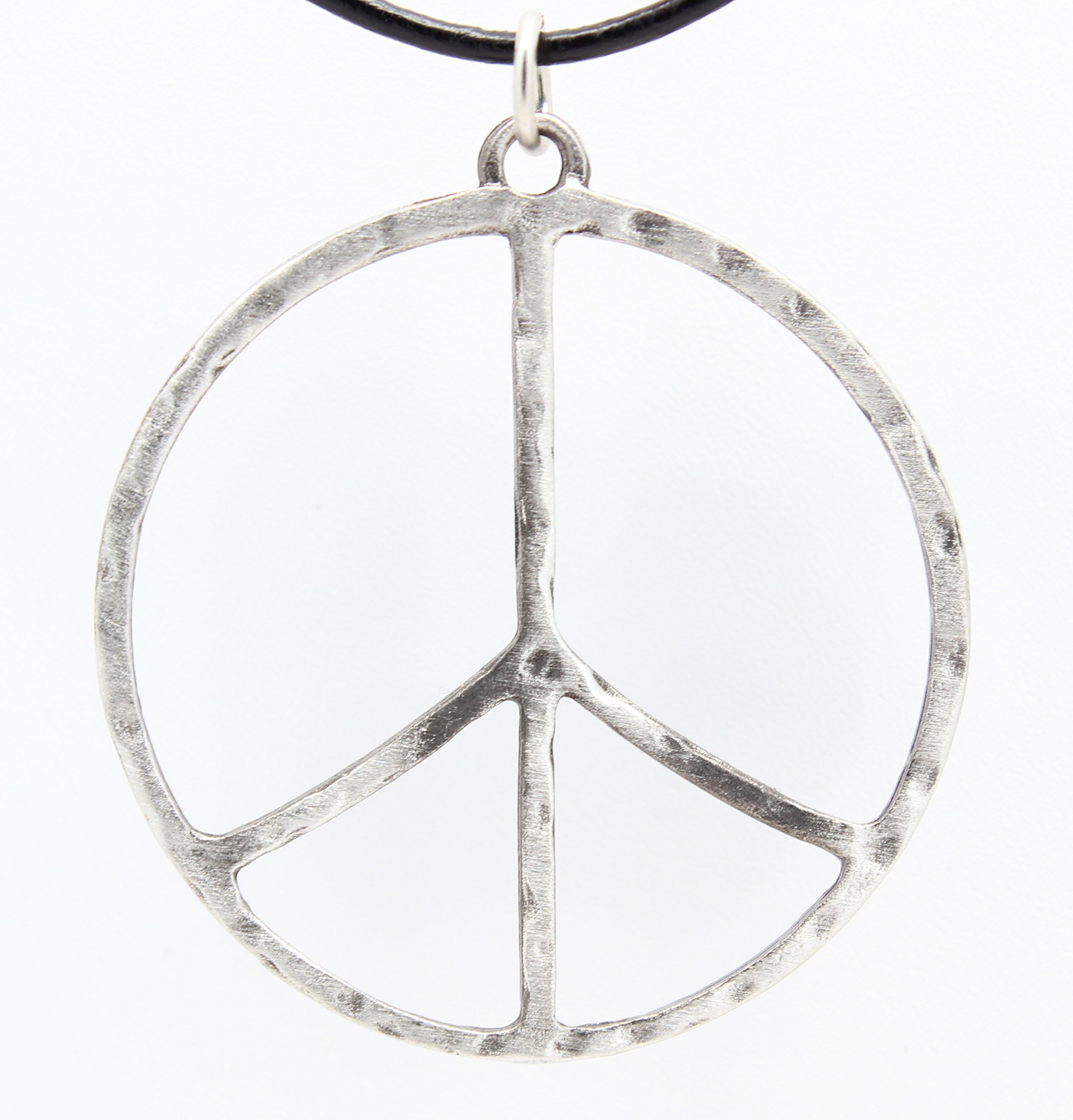 Trilogy Jewelry Pewter Hammered Peace Sign Large Pendant on Leather Necklace