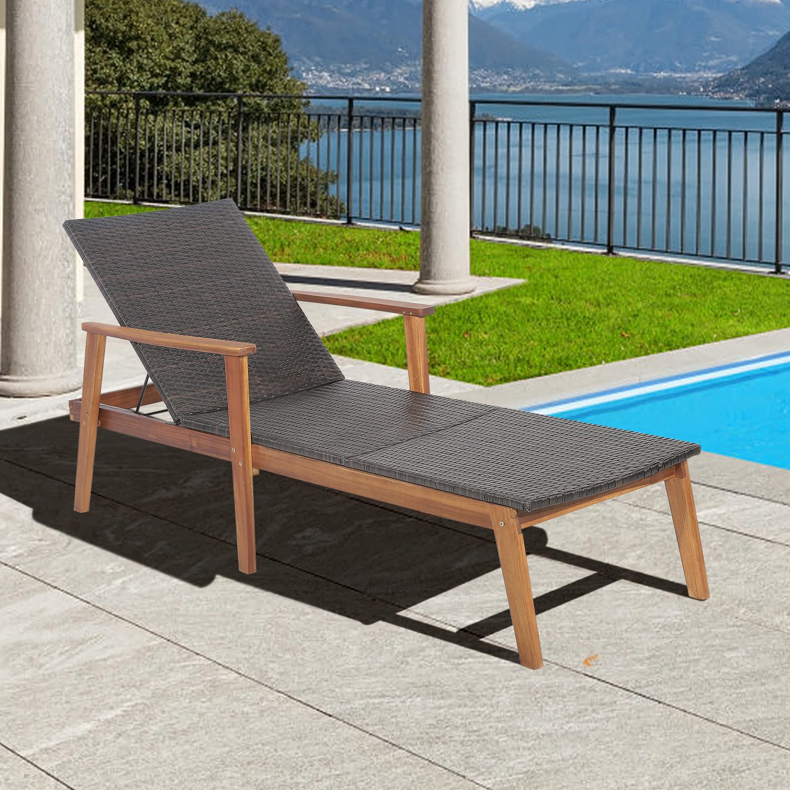 Tangkula Patio Lounge Chair, 4-Position Adjustable Recliner with Fully Flat Position, Outdoor PE Wicker Chaise Lounge with Acacia Wood Frame for Poolside, Backyard, 800 LBS Max Load (1, Mix Brown)