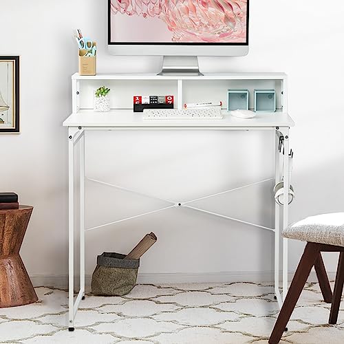 TEAMIX Small Desk with Monitor Stand, 32 inch Mini Computer Desk for Laptop PC, Gaming Desk with Hooks Vanity Makeup Desk Home Office Desk