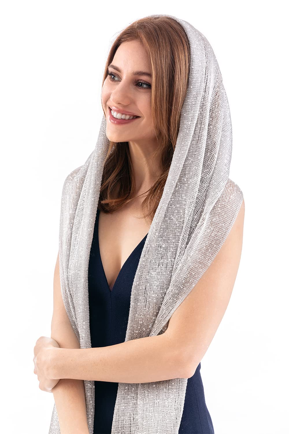 ShineGlitz Shawls and Wraps for Evening Dresses, Metallic Glitter Shawls for Women, Sparkling Wedding Metallic Silver Shawl Gift