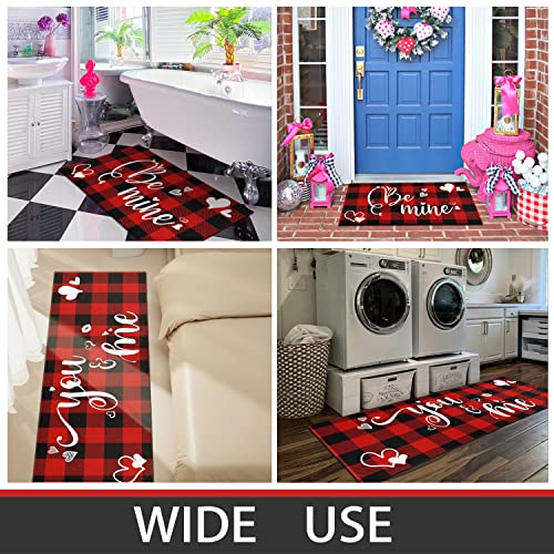 Xsinufn Valentines Day Kitchen Mat Set 2 Piece,Valentines Day Buffalo Plaid Decorative Kitchen Rugs,Valentines Hearts Low-Profile Kitchen Mats for Home Kitchen (17"x48"+17"x30" Be Mine)