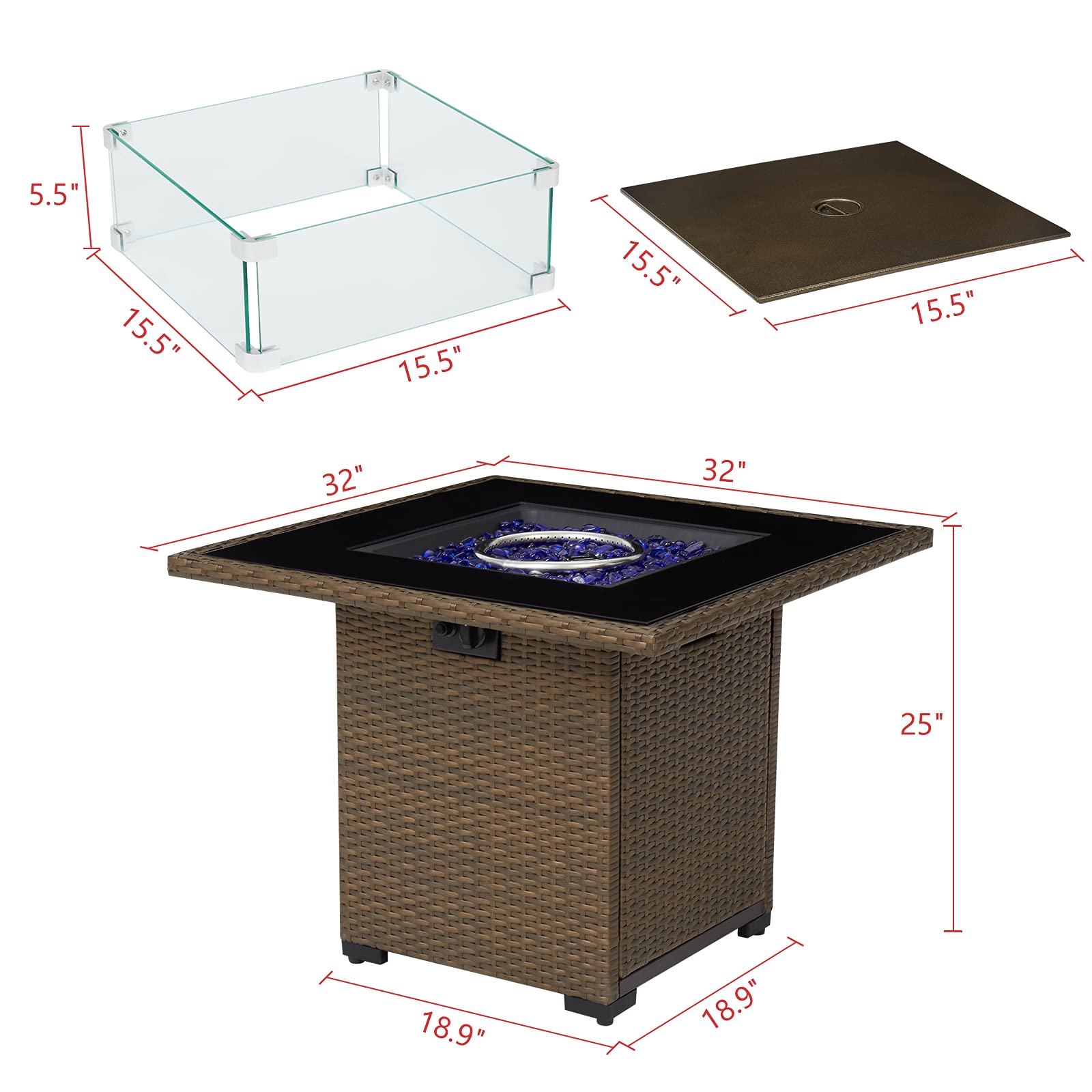 Square Gas Fire Pit Table, 2-in-1 Outdoor Propane Fire Table, 32 inch Firepit Table with Blue Stone Glass Wind Guard, Black Tempered Glass Tabletop, 50,000 BTU, Brown