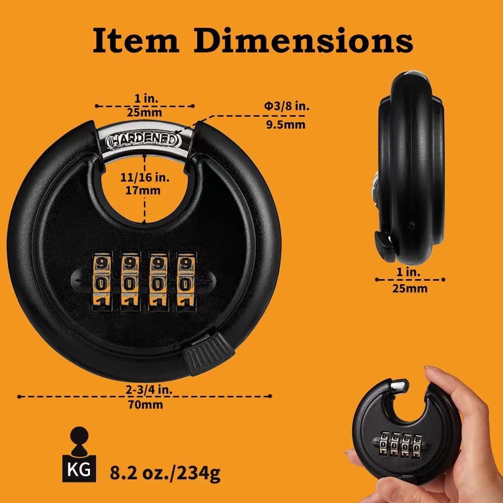 WULALACK 70mm Combination Discus Lock, Disc Padlock Combination for Garage, Outdoor Fence, Shed, Storage Unit, Trailer, 1 Pack