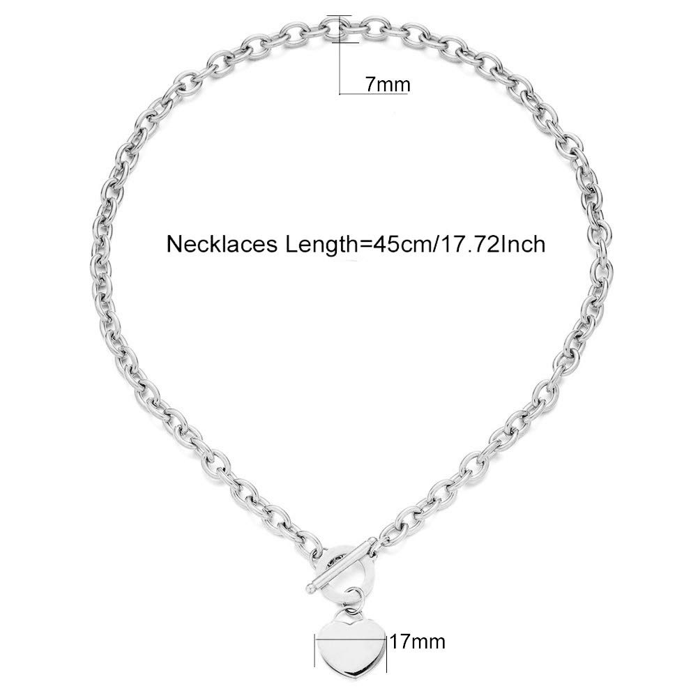 WangGao Elegent Love Stainless Steel Link Chain Blank Heart Charms Necklace for Women Toggle Clasp Closure,Silverā¦