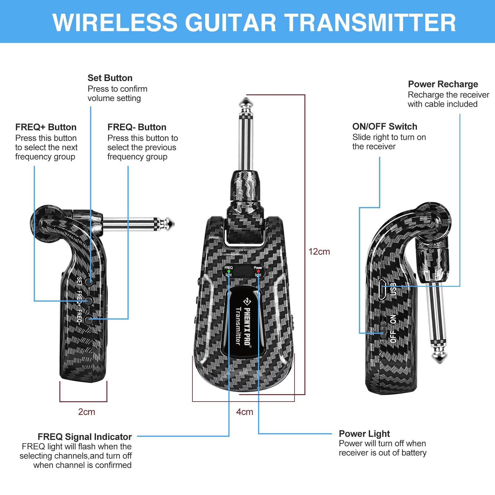 Wireless Guitar System, Phenyx Pro Guitar Wireless Set w/Rechargeable Wireless Guitar Transmitter Receiver, 20 UHF Channels, No Latency, Wireless Instrument System For Electric Guitar Bass (PTG-12)