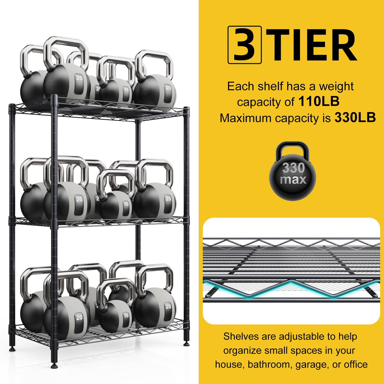 SsngygHme 3 Tier Shelves Storage, Wire Shelf Unit, Standing Adjustable Metal Shelves Organizer, Storage Racks for Restaurant Garage Pantry Kitchen Garage(Medium,11.8" W x 21.5" L x 35.5" H)