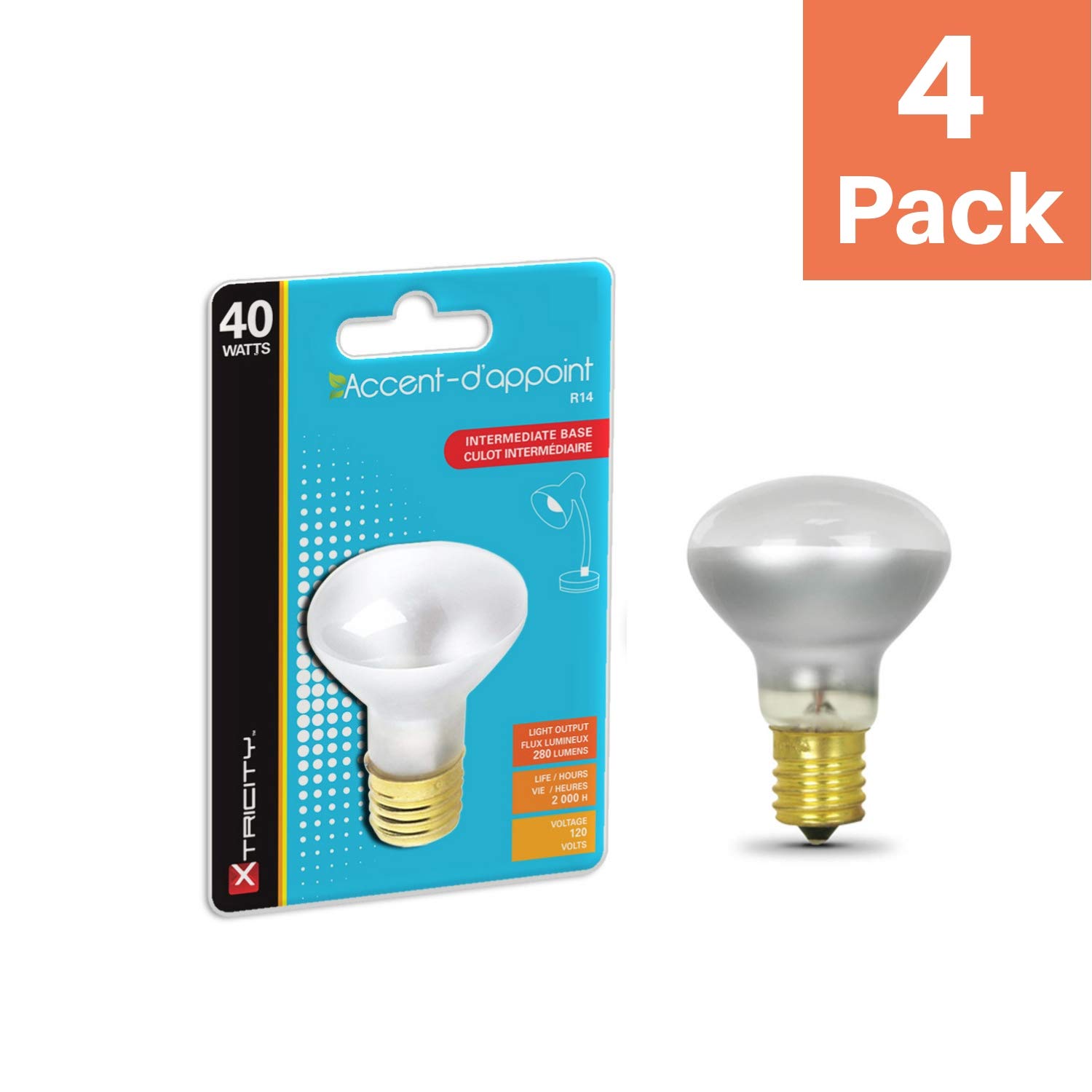 Xtricity 25W R14 Reflector Light Bulb, E17 Intermediate Base, 170 Lumens, Dimmable, 120V, (2 Pack)
