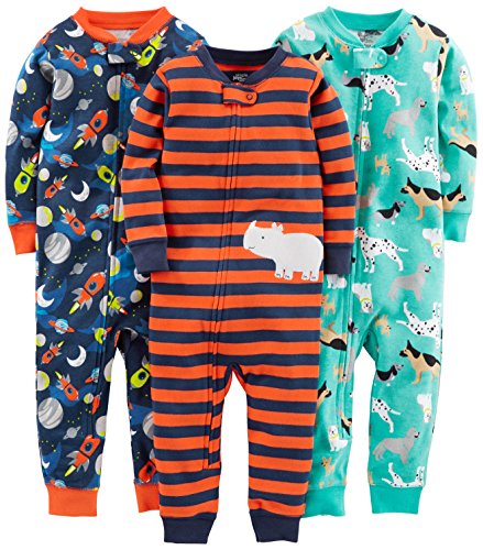 Simple Joys by Carter's Baby Boys' 3-Pack Snug Fit Footless Cotton Pajamas, Navy Space/Rust Stripe/Turquoise Green Dogs, 12 Months