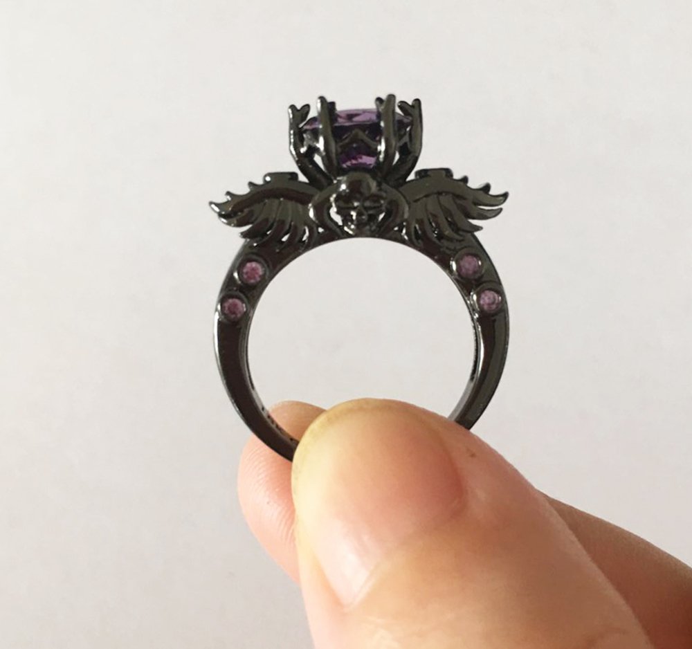 Vintage Black Gold Plated CZ Amethyst Gothic Skull Ring Purple Cubic Zirconia Retro Statement Cocktail Party Biker Rings (9)