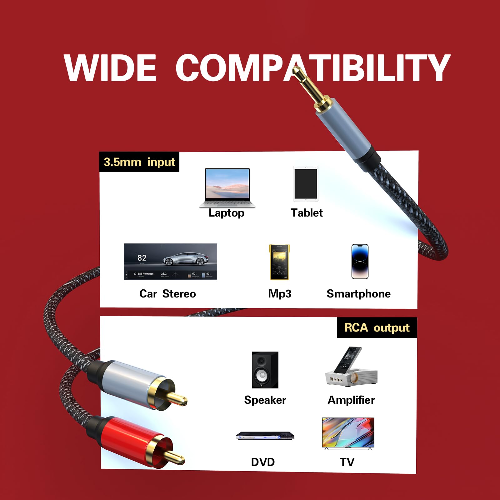 SSS·GRGB RCA Cables, 6.6ft/2M 3.5mm to 2 RCA AUX Cable, Premium Stereo Audio Cord, Connects Smartphone, Tablet, HDTV, MP3 Player to Speaker - RCA Audio and Video Cable Extension