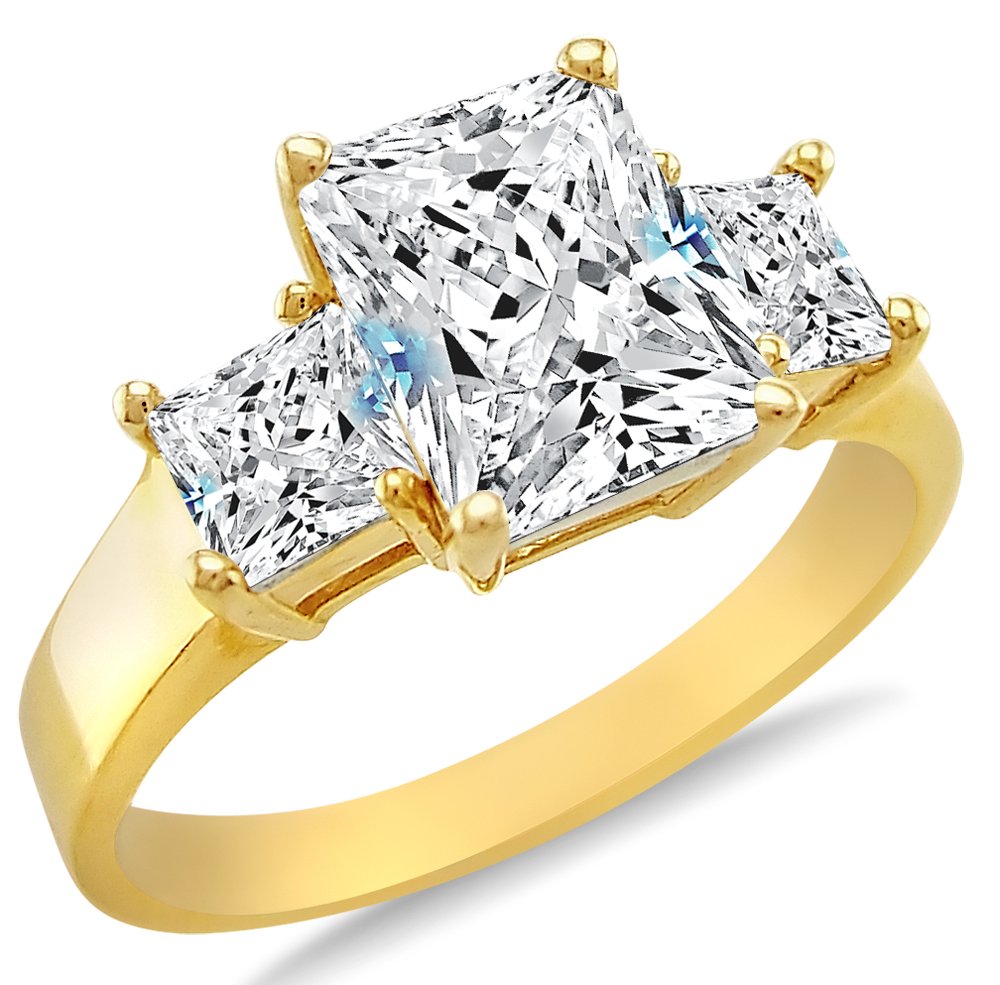 Size 4.5 - Solid 14k Yellow Gold 3 Three Stone Emerald-Cut/Shape Solitaire with Princess Cut Side Stones CZ Cubic Zirconia Engagement Ring 2.5ct.
