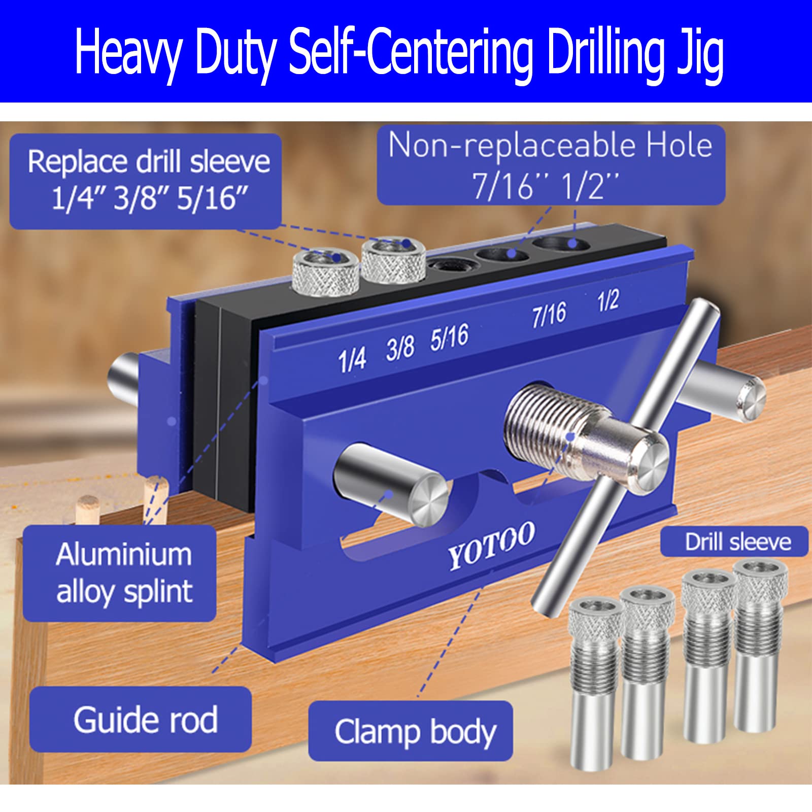 YOTOO Self Centering Doweling Jig Kit, Drill Jig with 6 Drill Guide Bushings, Adjustable Width Drill Jig Drill Guide for Straight Holes, Power Tool Accessory Jigs (Blue)