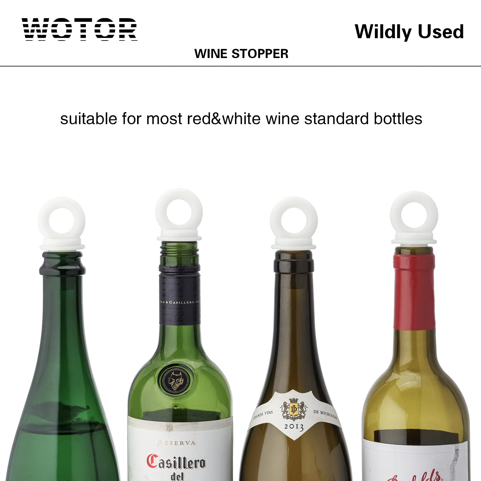 WOTOR Wine Stoppers for Wine Bottles,Reusable Silicone Wine Bottle Stopper with Ring Pull on Top for Keep the Wine Fresh, Set of 6, White