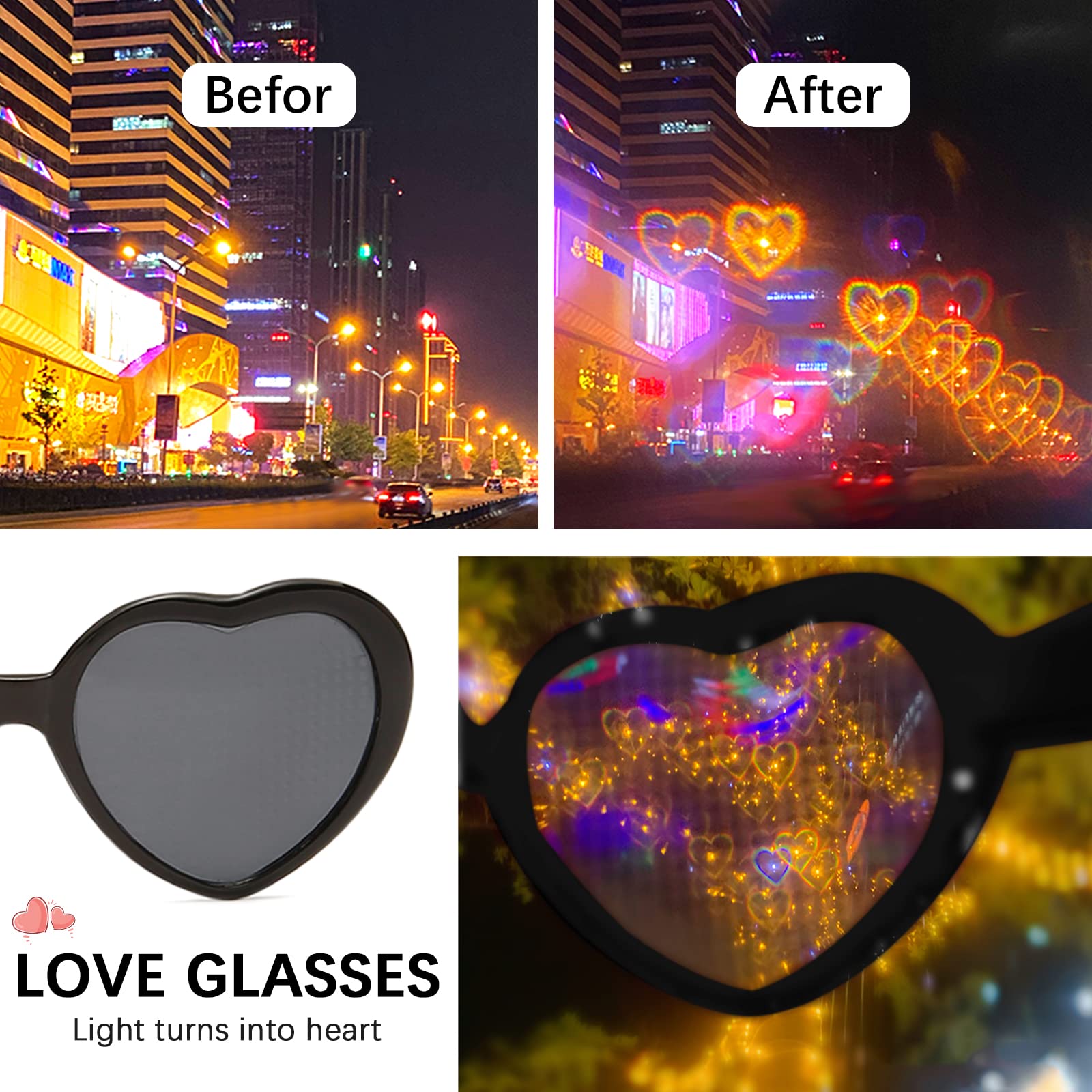 YQVIE Heart Shaped Sunglasses with Heart Effect for Women Light Changing Heart Effect Diffraction Glasses for Party Supplies (8 Colors Mix)