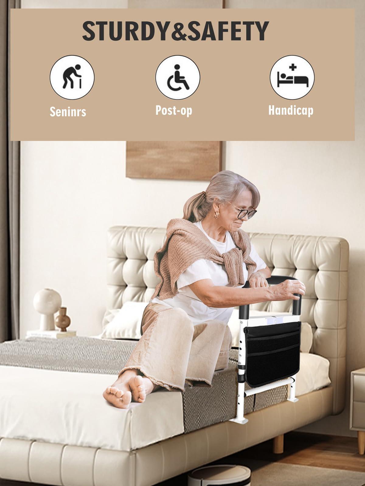 YEEGO DIRECT Bed Rails for Elderly Adults Safety, Height Adjustable Bed Assist Rail for Seniors, Bedside with Storage Pocket and LED Induction Light, Fit Twin Bed Support Up to 400lbs