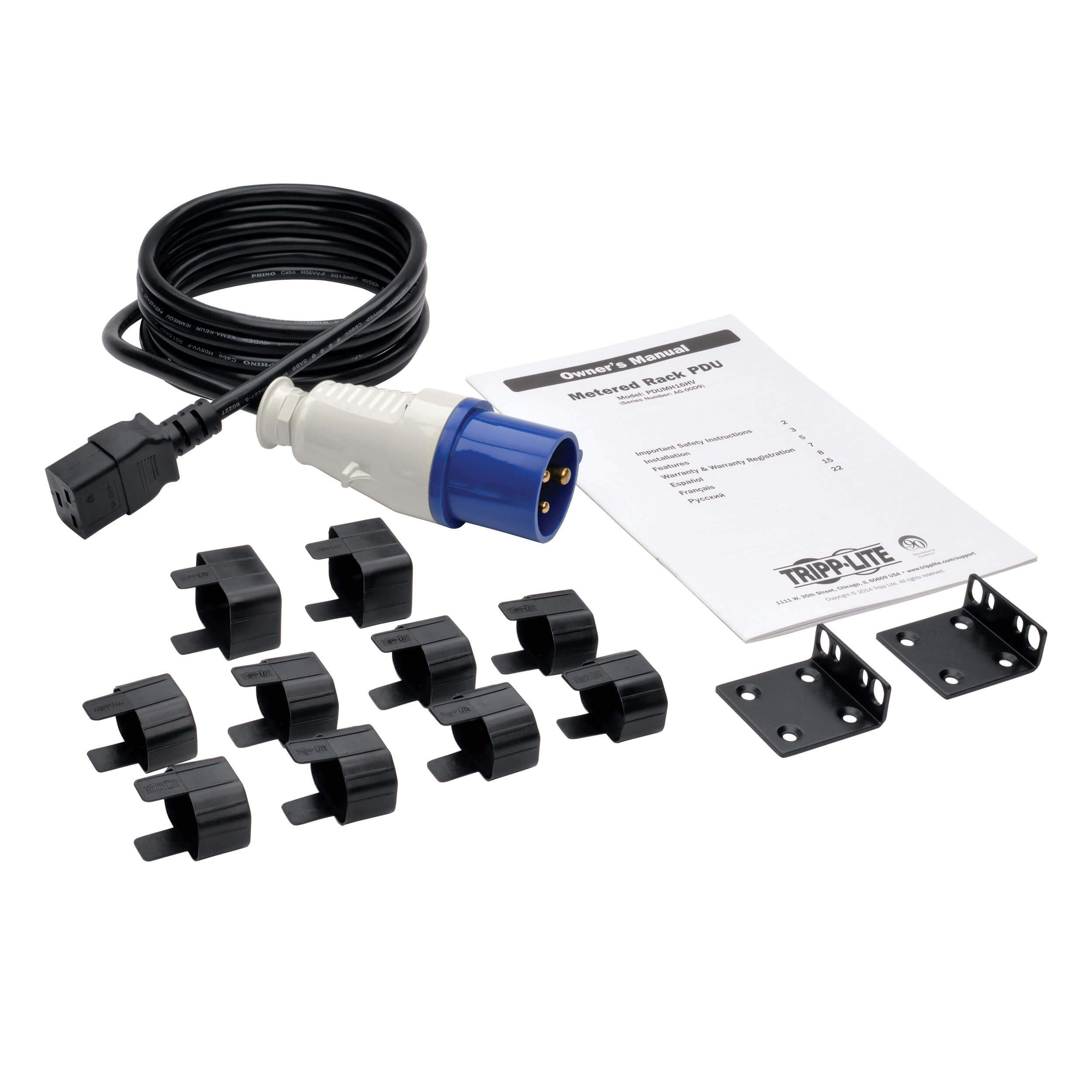 Tripp Lite Metered PDU, 3.8kW Single-Phase, 200/220/230/240V, 10 Outlets (8 C13, 2 C19) IEC-309 16A Blue, 8ft Cord, 1U Rack-Mount Power, TAA (PDUMH16HV)
