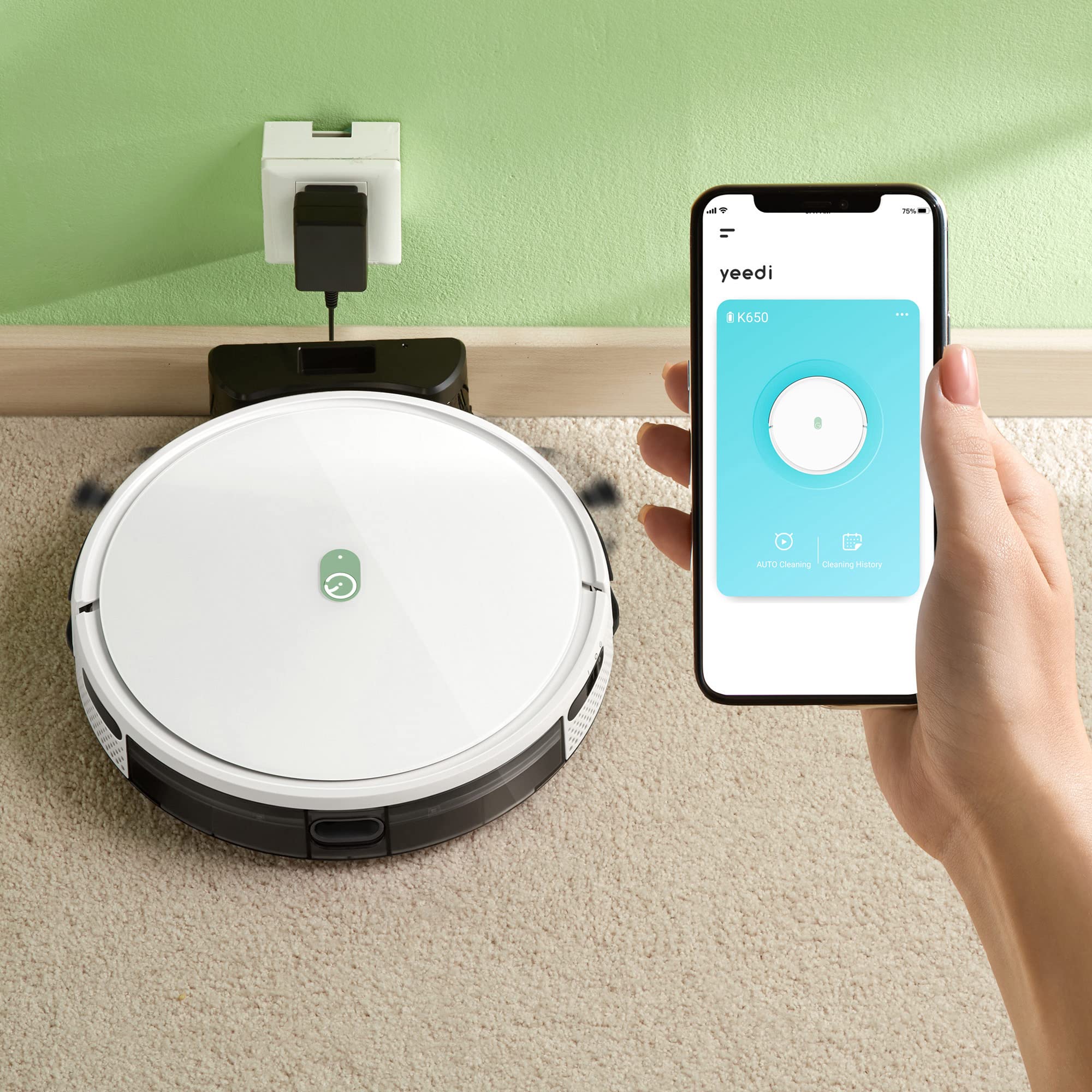 Yeedi k650 Robot Vacuum, with 2000Pa Wi-Fi Robotic Vacuum Cleaner with The 800ML Biggest Dustbin and Tangle-Free Brush, 3 Modes, Self-Charging, Compatible with Boundary Strips