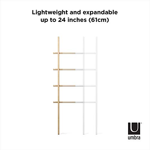 Umbra Hub Ladder β Adjustable Clothing Rack for Bedroom or Freestanding Towel Rack for Bathroom | Expands from 16 to 24 inches with 4 Notched Hooks, White/Natural