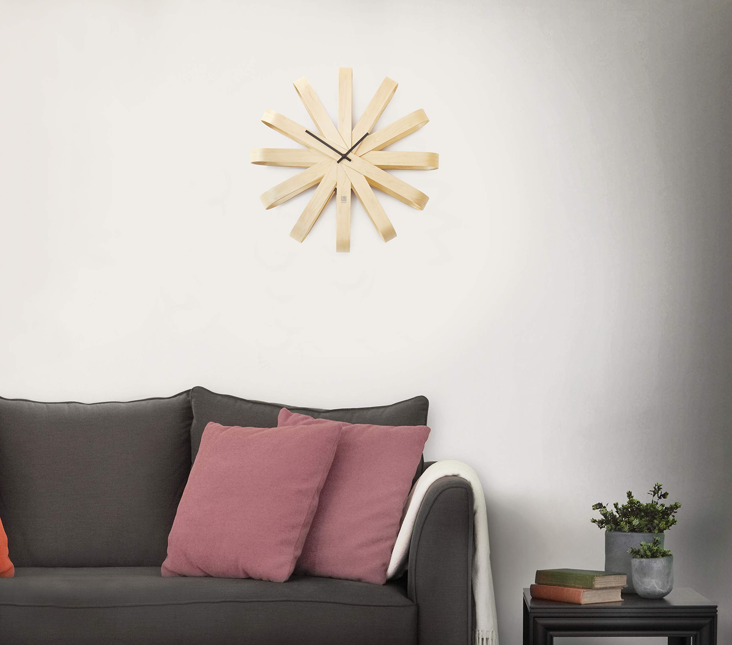 Umbra Ribbonwood Large Modern Wall Clock, Battery Operated, Silent, Non Ticking, Unique, 20" Diameter x 4” Width x 20" Height, Natural