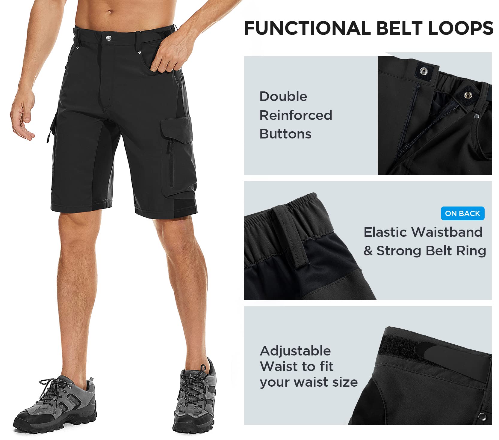 XKTTAC Men's Outdoor Quick Dry Lightweight Stretch Cargo Shorts for Hiking, Tactical, Casual, Fishing, Golf, Camping, Travel (Black, Medium)
