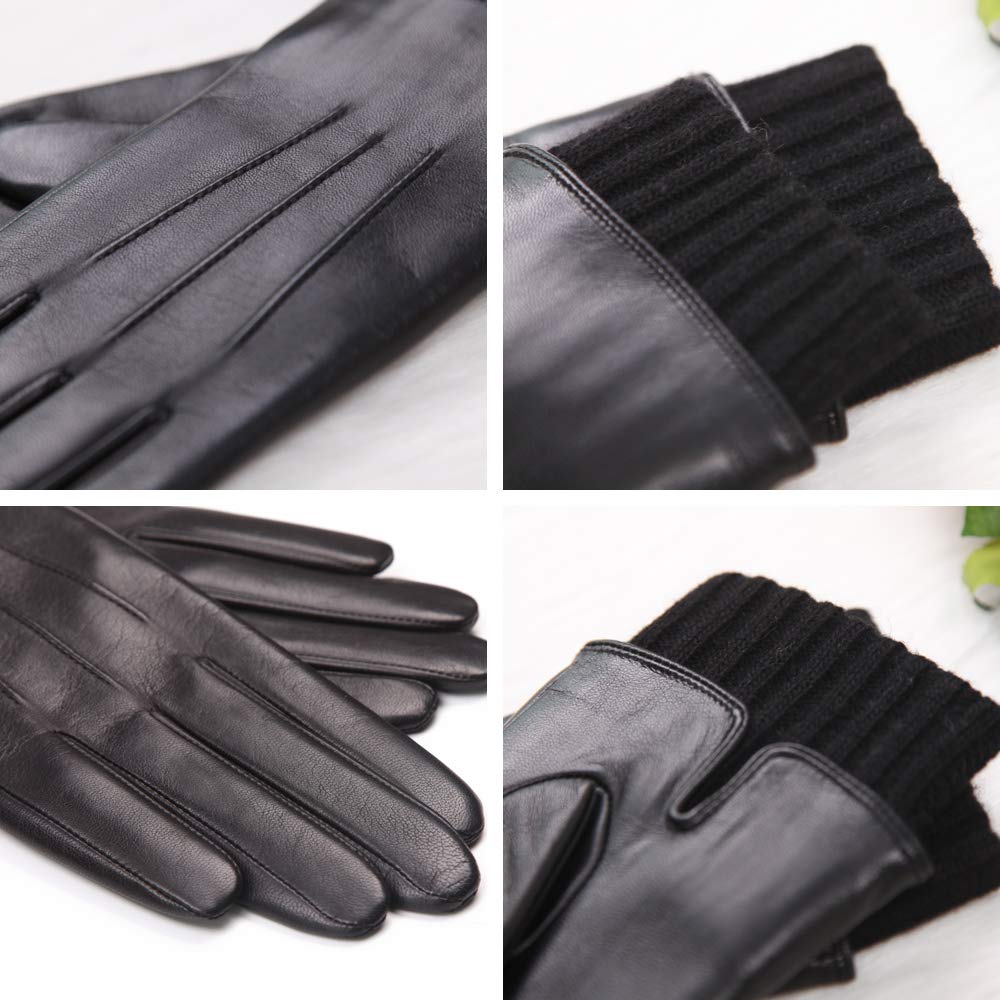 Winter Leather Gloves for Women - Warm Touchscreen Cashmere/wool Blend Lining Driving Windproof (8 (X-Large), Black)