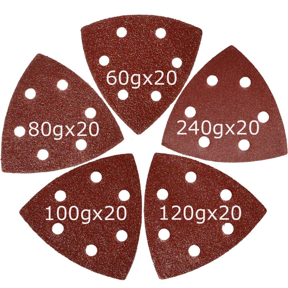 XXGO 3-1/2 Inch 90mm Triangular 60/80 /100/120 /240 Grits Hook & Loop Multitool Sandpaper Contains 20 of Each Fit 3.5 Inch Triangular Oscillating Multi Tool Sanding Pads Pack of 100 XG9010