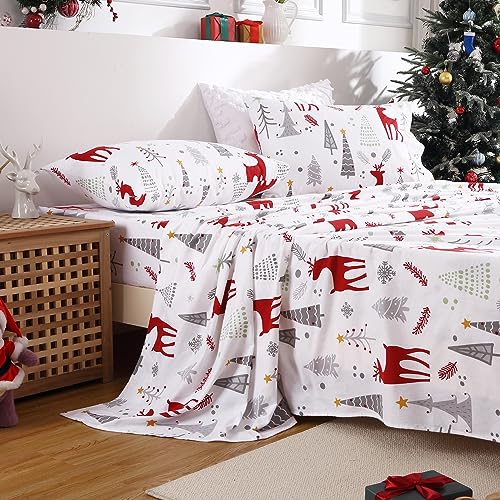 STARBEDIA Christmas Sheets Full, 100% Cotton Flannel Holiday Bed Sheet Set, Deep Pocket Fitted Sheet, Soft Warm Brushed Christmas Sheet (Full Size, Christmas Forest Deer)