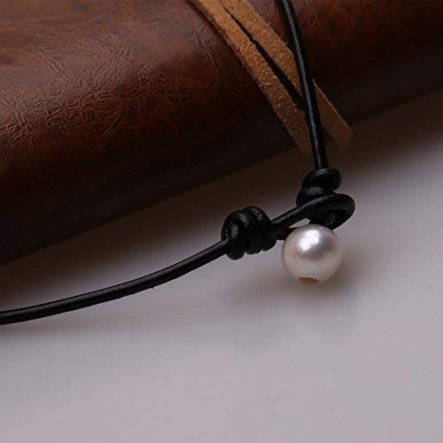 Women White 3 Cultured Freshwater Pearls Choker Necklace on Genuine Leather Cord Knotted Jewelry-Black 14"