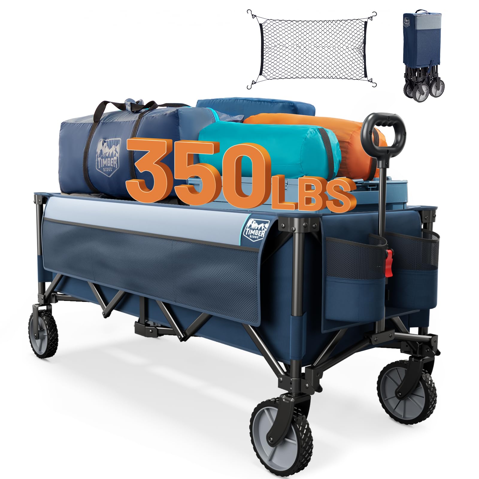 TIMBER RIDGE 51.2'' Extended Collapsible Wagon Cart with Cargo Net, 350LBS Heavy Duty Foldable Utility Wagon with Adjustable Handle, 250L Capacity Portable Cart for Camping Sports Shopping, Blue