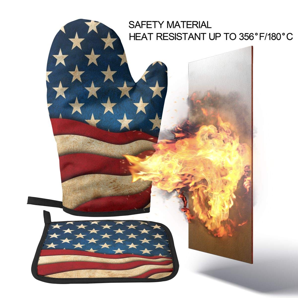 VunKo Retro American Flag Oven Mitts and Pot Holders Sets Heat Resistant Kitchen Oven Gloves Non-Slip for Safe BBQ Cooking Baking Grilling Set of 2
