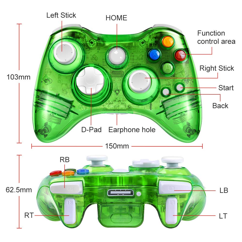 Wireless Controller for Xbox 360, PowerLead Wireless Gamepad Vibration Shock for Microsoft Xbox 360/Windows/PC with 7 LED flashing lights (Green)