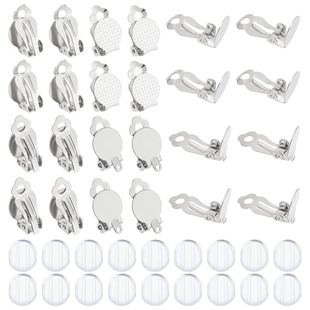 UNICRAFTALE 60pcs Clip-on Earring Findings DIY Earring Clip 10mm Stainless Steel Clip-on Earring Converter Flat Round Tray Non-Pierced Earrings with Silicone Earring Pads for DIY Earring Making
