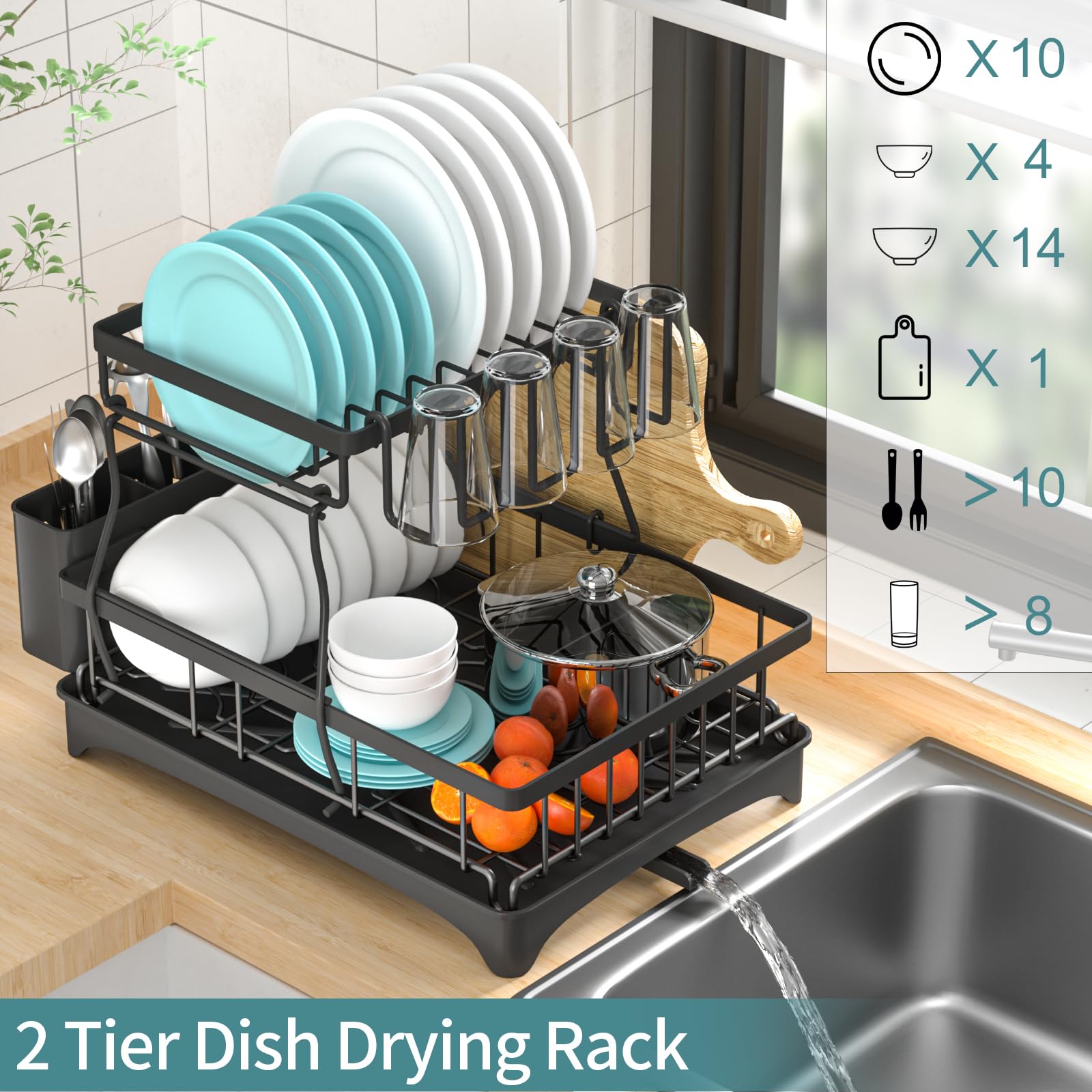 Yeepoo Dish Drying Rack 2 Tier for Kitchen Counter, Large Dish Rack Come with Utensil Holder, Cup Rack, Cutting Board Holder, Rustproof Stainless Steel Dish Drainer with Upgraded Drainboard