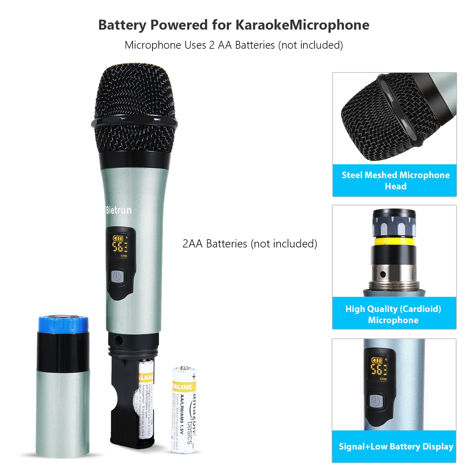 Wireless Microphone with Bluetooth&Echo/Treble/Bass, 165 ft Range, Bietrun UHF Dual Handheld Cordless Dynamic Mic System for PA System/AMP/Home TV Karaoke/Bluetooth Speaker/(1/4''&1/8‘’AUX Interface)