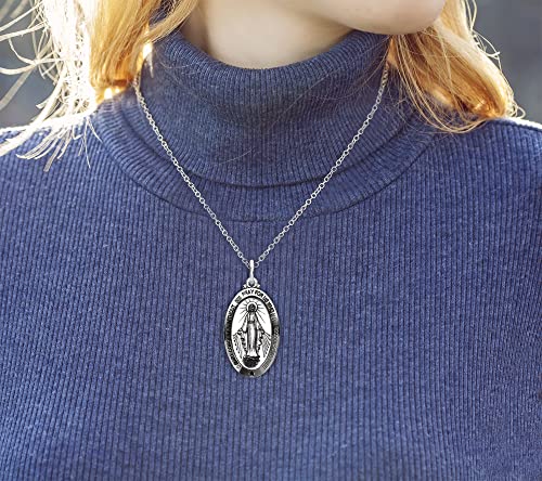 US Jewels Ladies 925 Sterling Silver 32.5mm Virgin Mary Antique Finish Pendant