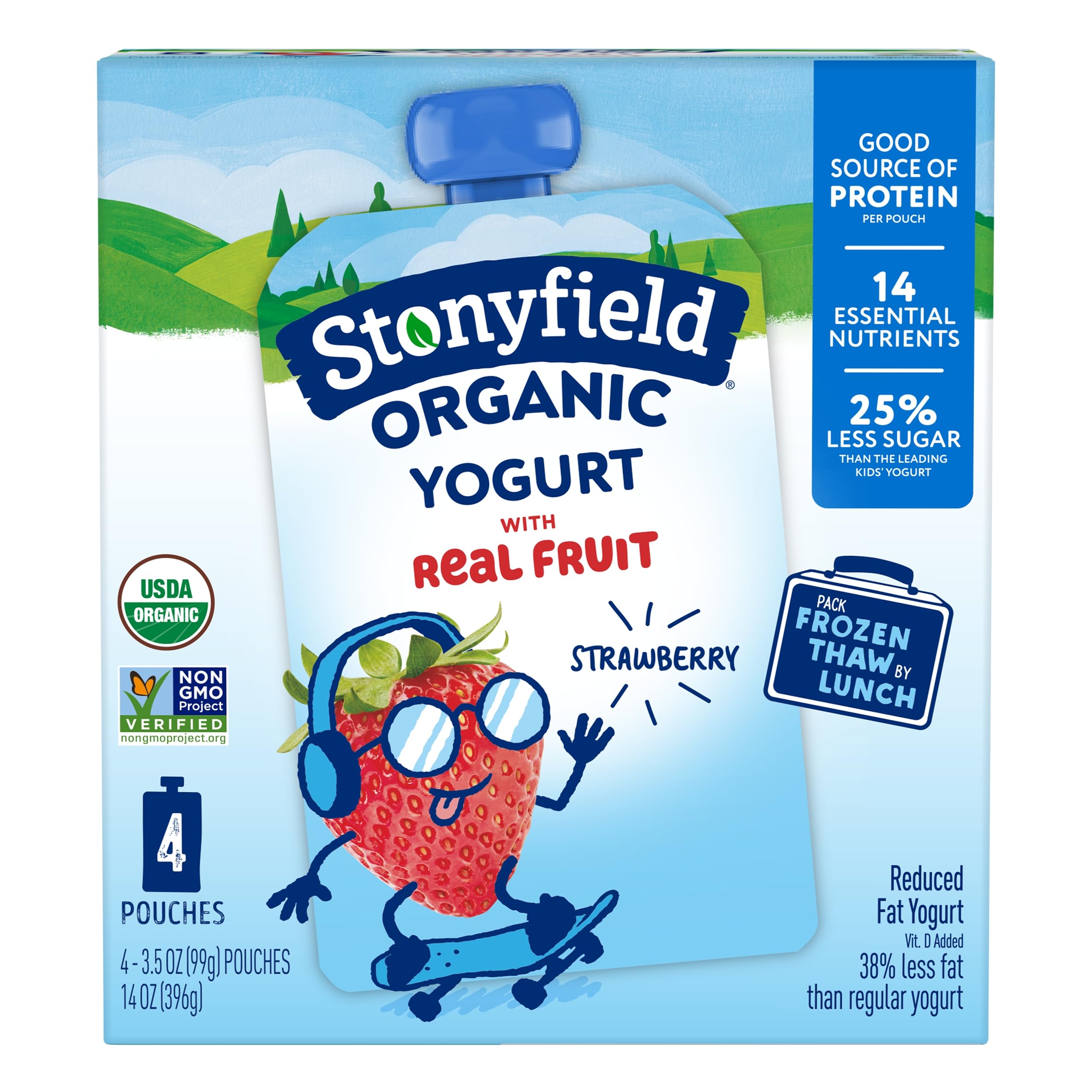 Stonyfield Organic, Kids Lowfat Yogurt Pouches 3.5 oz. Each Ct – Includes Live Active Cultures, Strawberry, 14 Ounce, (Pack of 4)