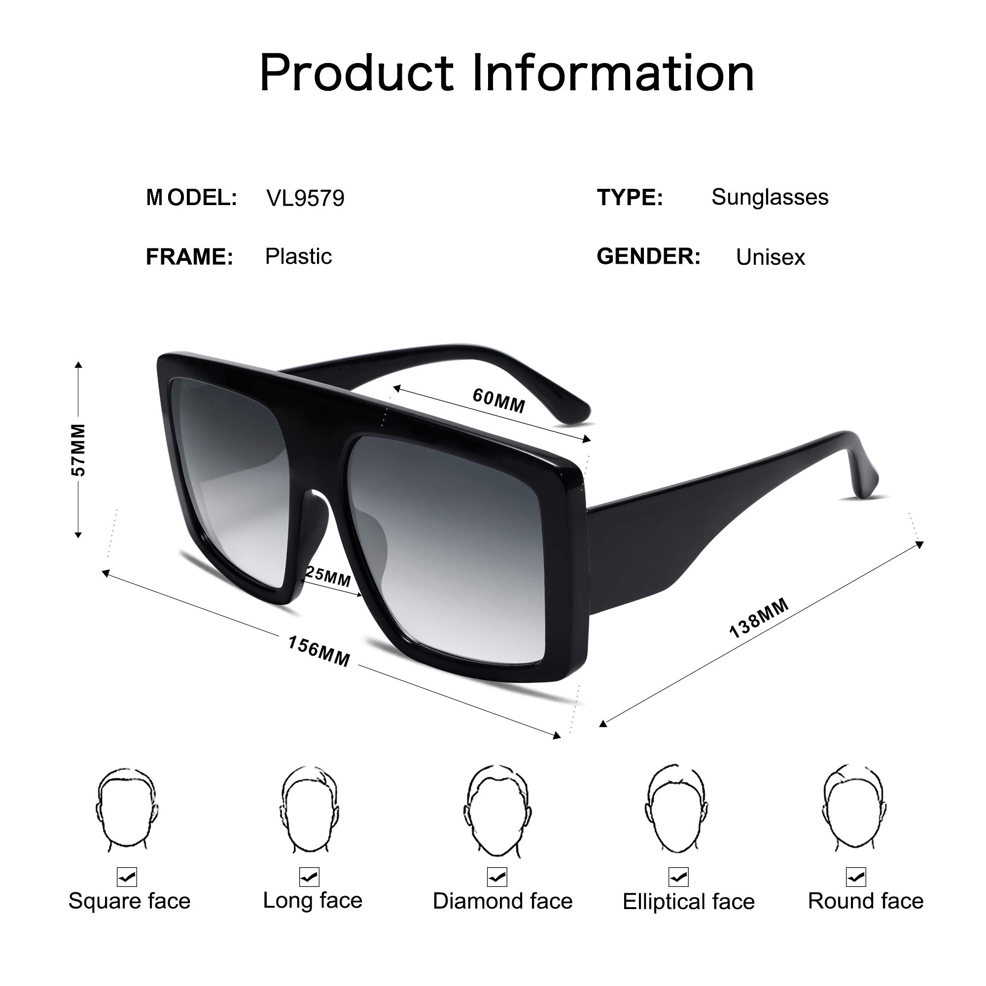 VANLINKER Oversized Square Sunglasses Fashion Flat Top baddie Shades White Frame VL9579