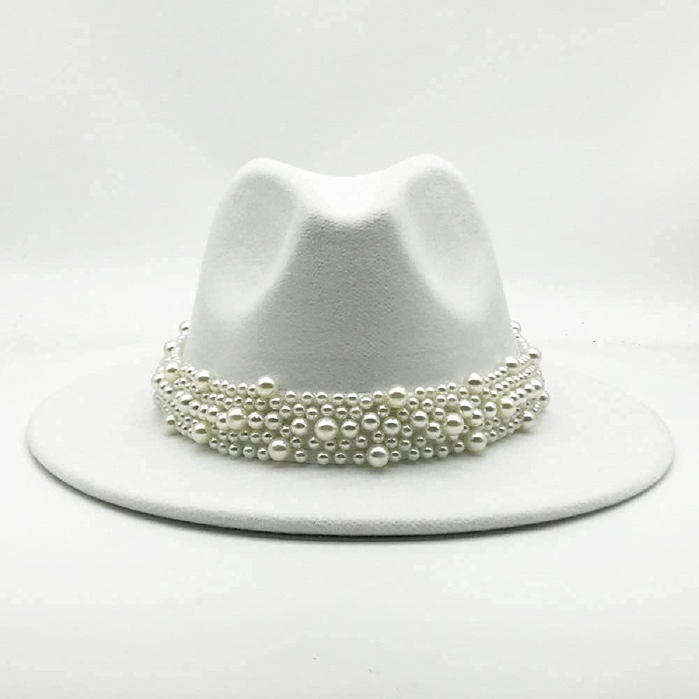 Women Trendy Fedora-Hat Wide Brim Felt Panama Classic Hat with Pearl Band (White with Pearl Band, Medium)