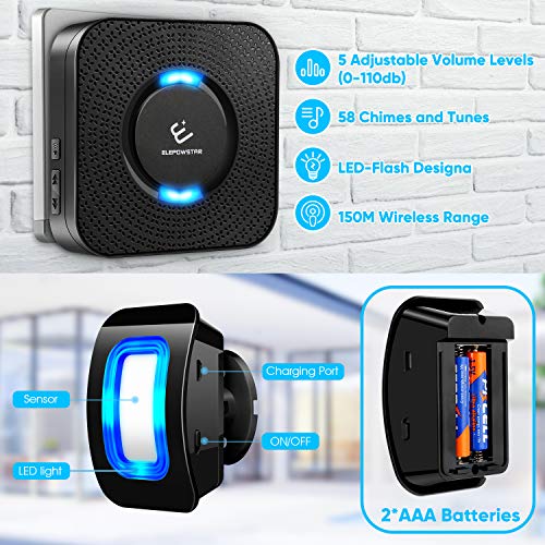 Wireless Motion Sensor Alarm, ELEPOWSTAR Motion Sensor Detect Alert, Motion Detection Doorbell with 58 Chimes/5 Level Volumes/LED Flash (1 Receiver+1 Motion Sensor)