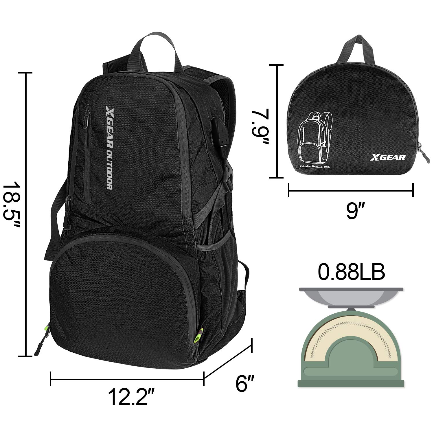 XGEAR 35L Ultralight Packable Backpack, Handy Foldable Daypack, For Travel Hiking Camping Outdoor, Black