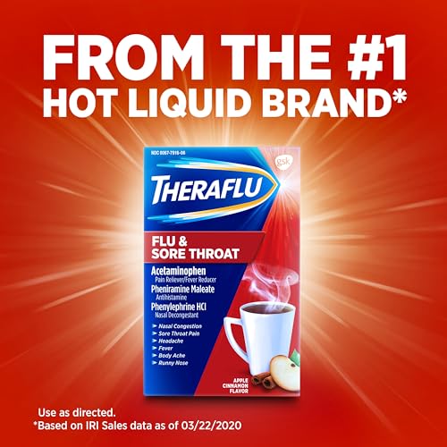 Theraflu Flu and Sore Throat Hot Liquid Powder, Apple Cinnamon Flavor, for relief from Nasal Congestion, runny nose and Headache - 6 Count Box