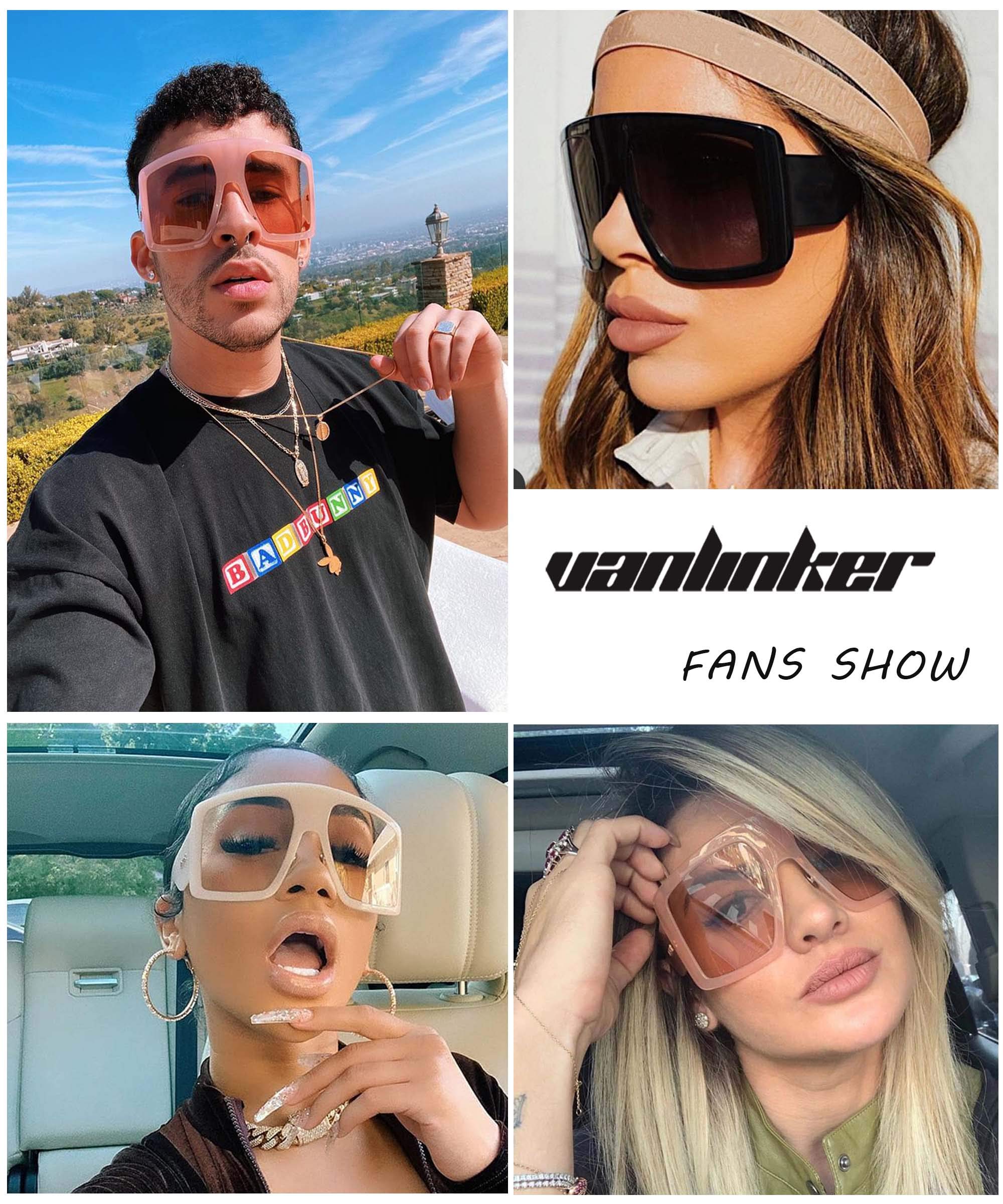 VANLINKER Oversized Square Sunglasses Big Flat Top baddie Shades 2 Pack Black+Beige