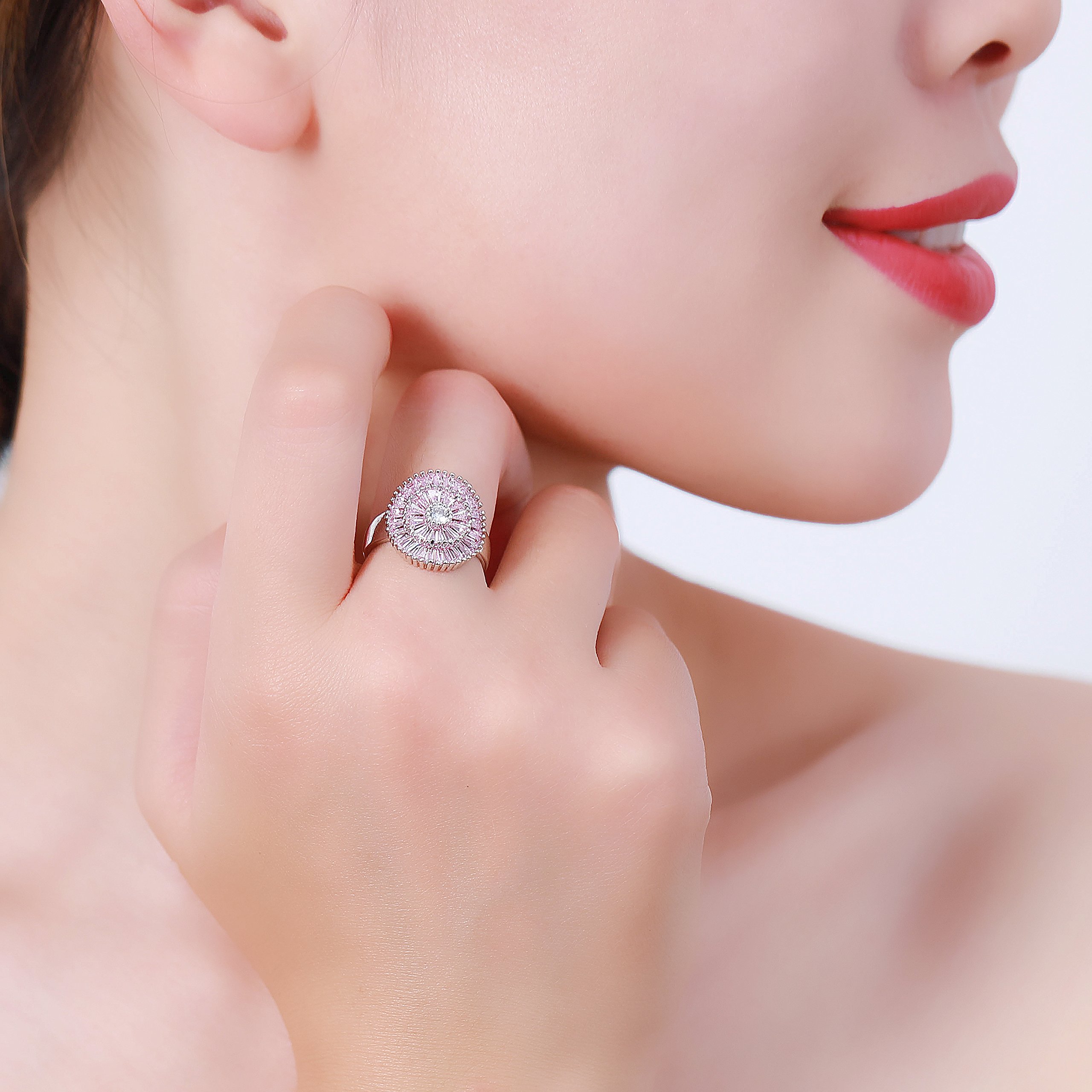 Psiroy 925 Sterling Silver Plated Created Pink Topaz Filled Cluster Statement Ring Size 6