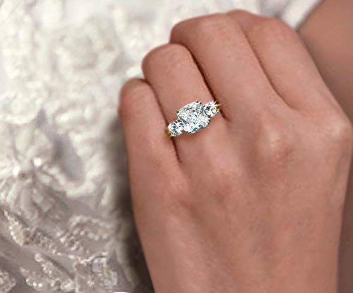 Samie Collection 3 Stone Engagement Rings for Women Wedding Ring Sets with Cushion Cut Simulated Diamond CZ in Yellow & White Gold Plating, Size 7