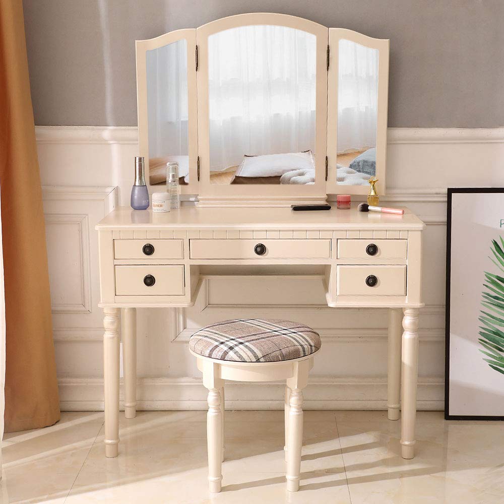 SSLine Vanity Wooden Makeup Table and Chair Set Bedroom Cosmetic Dressing Table Tri-Folding Mirror 5-Drawer Vanity Desk Cushioned Stool Adult Size - Light Pink