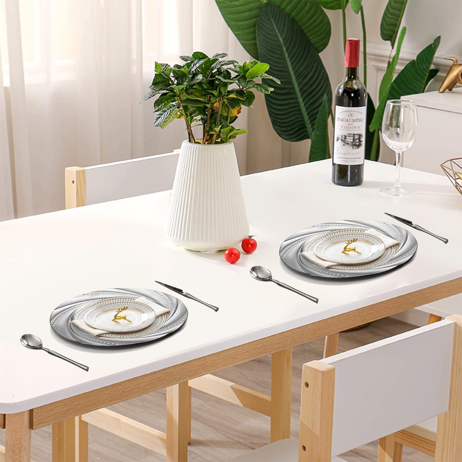ZENFUN 12 Pack 13 inch Silver Charger Plates, Plastic Plate Chargers for Dinner Plates, Flower Spiral Dinner Chargers, Decorative Plates for Table Setting, Wedding, Parties, Banquets